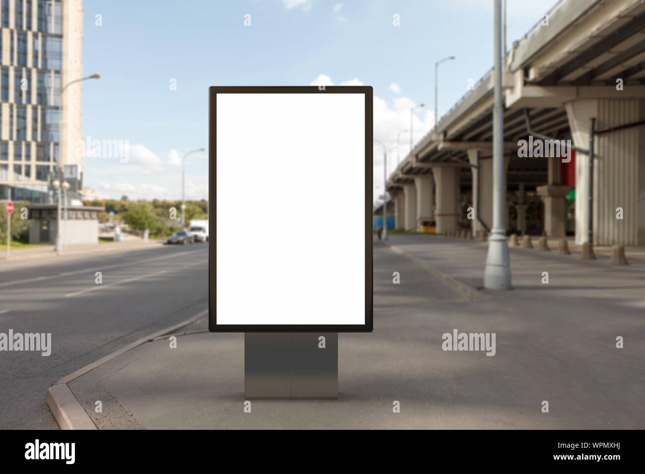 Blank street billboard poster stand mock up on city highway background ...