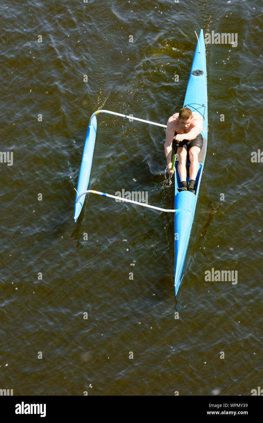 Kiev, Kyiv: sidearm of river Dnipro (Dnieper), man, outrigger canoe in ...