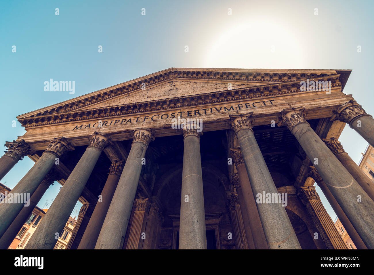 Pantheon in sunlight in Rome, Italy, ancient architecture, wide shot ...