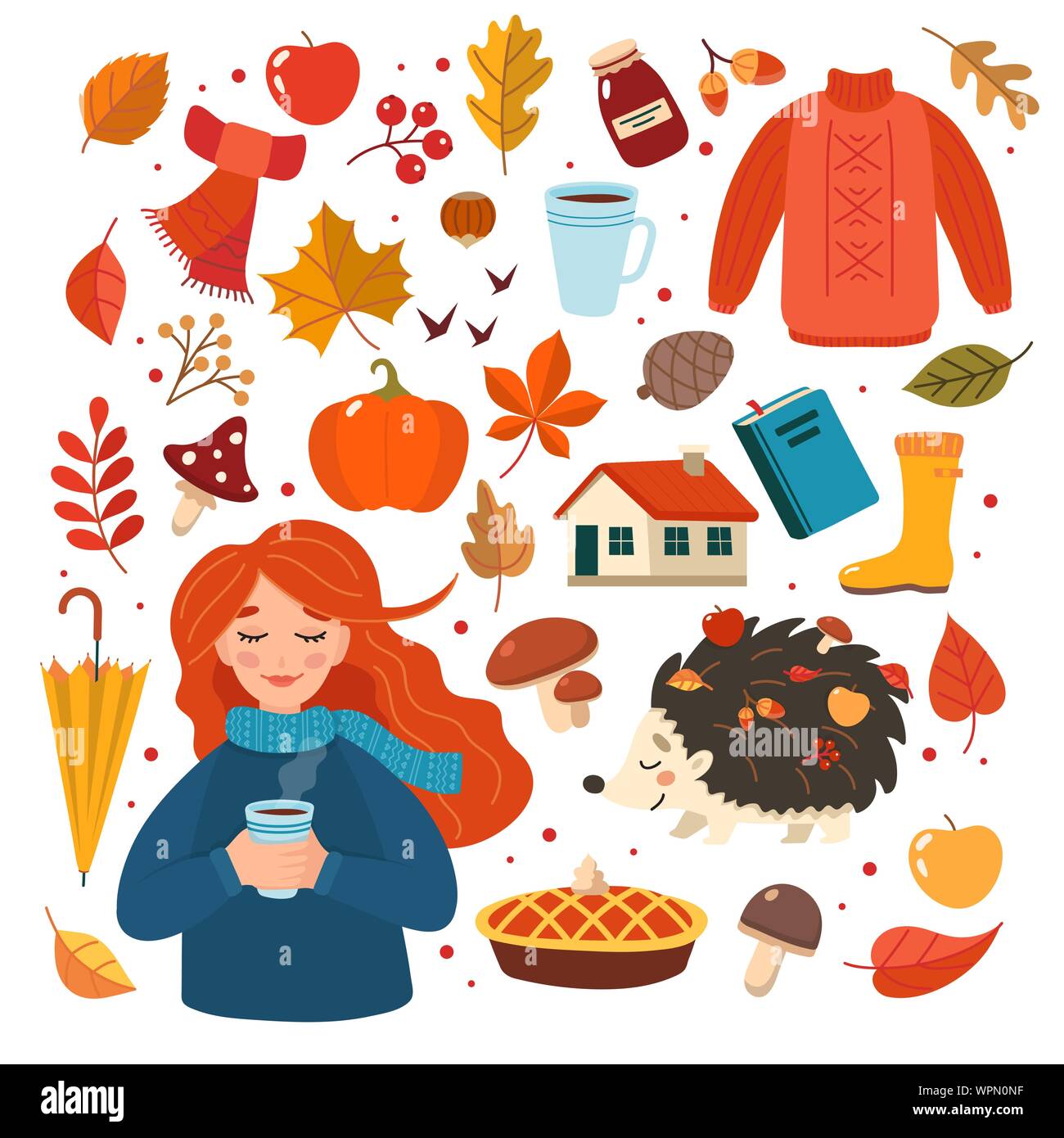 Autumn hand drawn elements collection with girl character. Cute vector ...