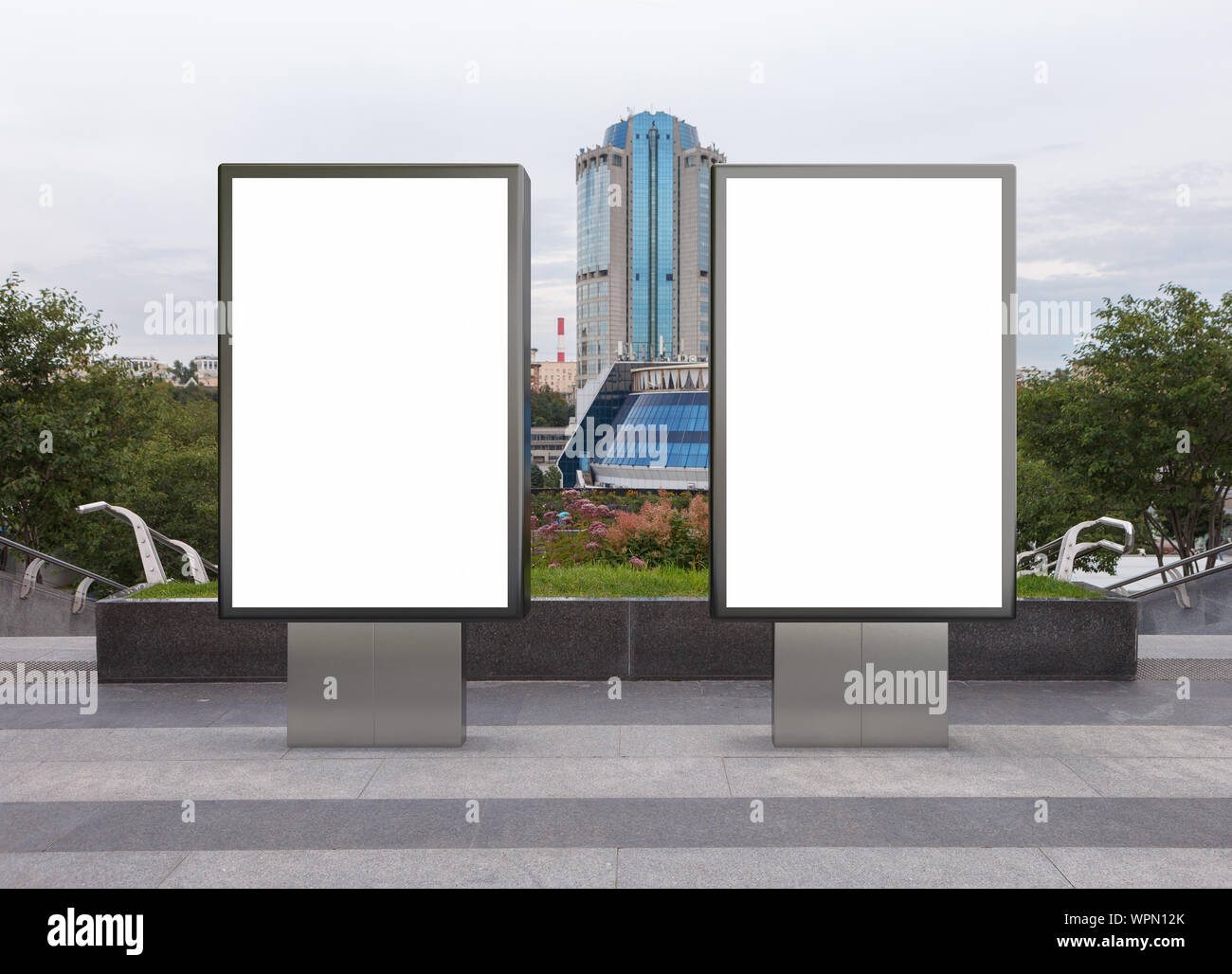 Two blank street billboard poster stands mock up in downtown Stock ...