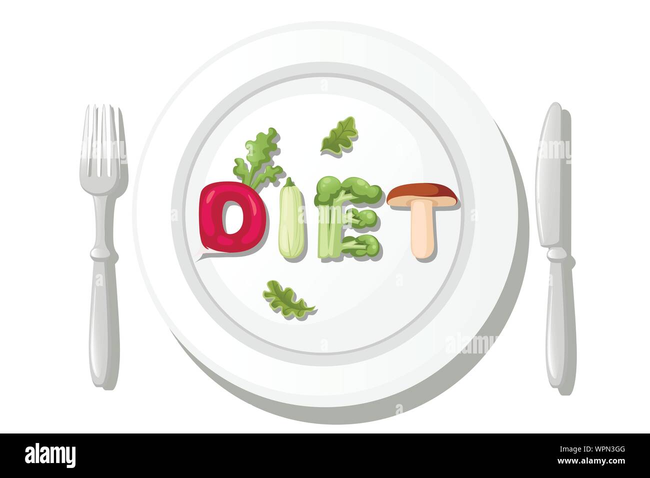 DIET style cartoon vegetable design on white plate with knife and fork ...