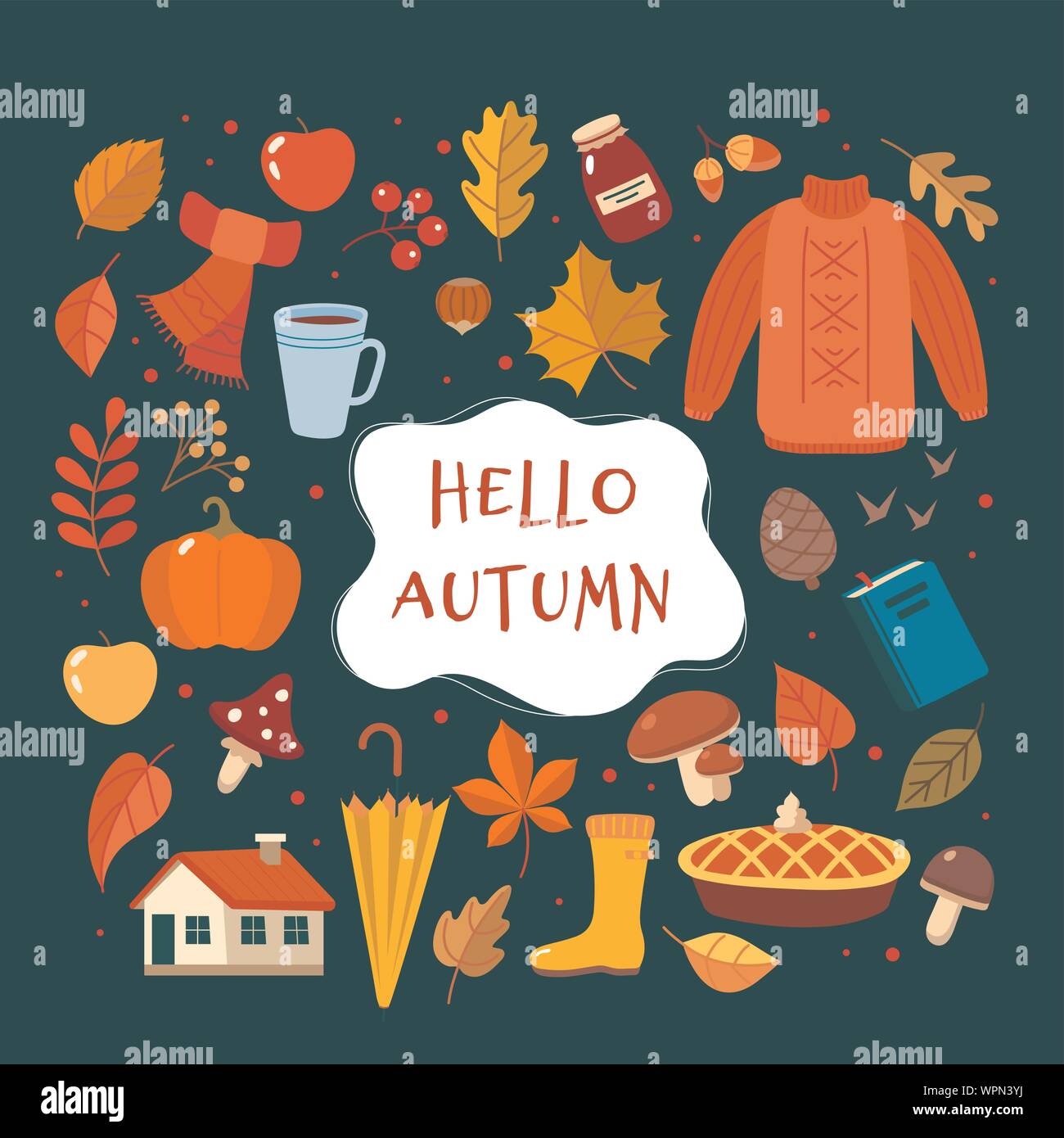 Autumn hand drawn elements collection with lettering on dark background ...