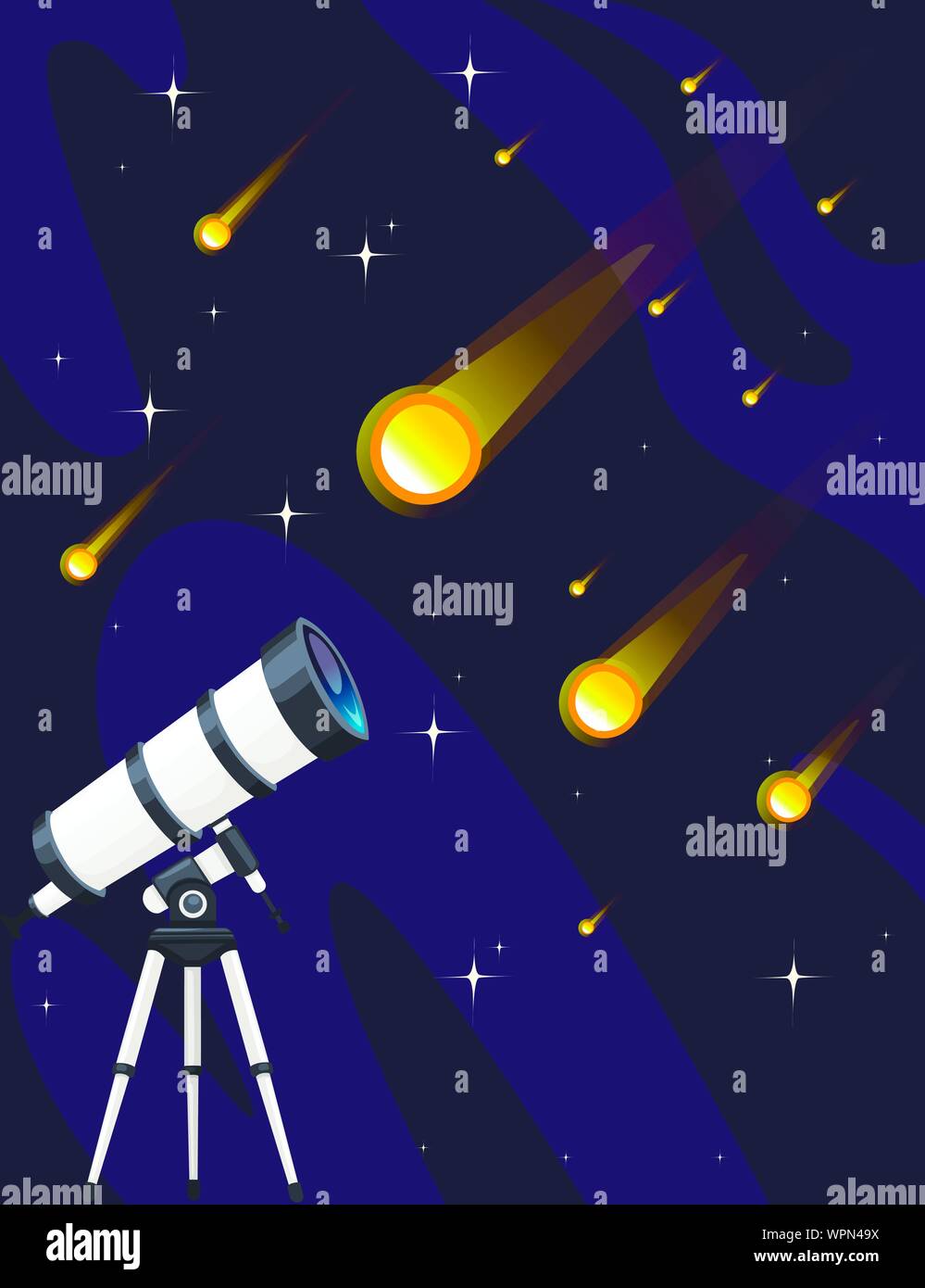 White telescope and falling stars on night sky background flat vector ...