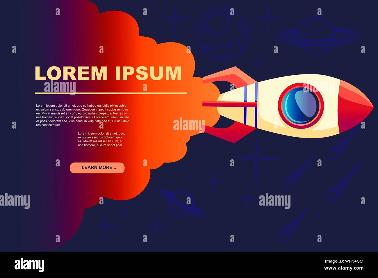 Cartoon design space ship launch with orange smoke greetings card ...