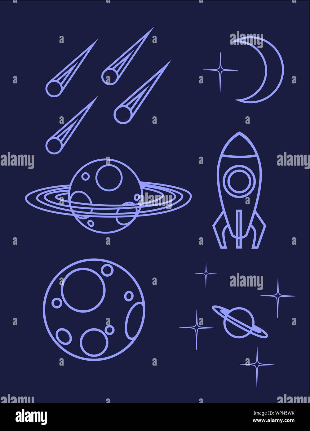 Set of outline space icon planet spaceship, asteroid and others flat ...