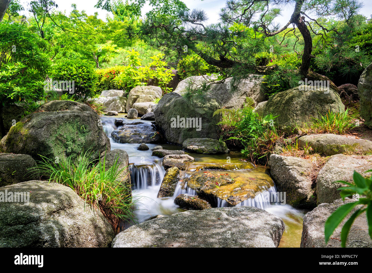 Beautiful landscape in Japanese garden with water stream, captures with ...