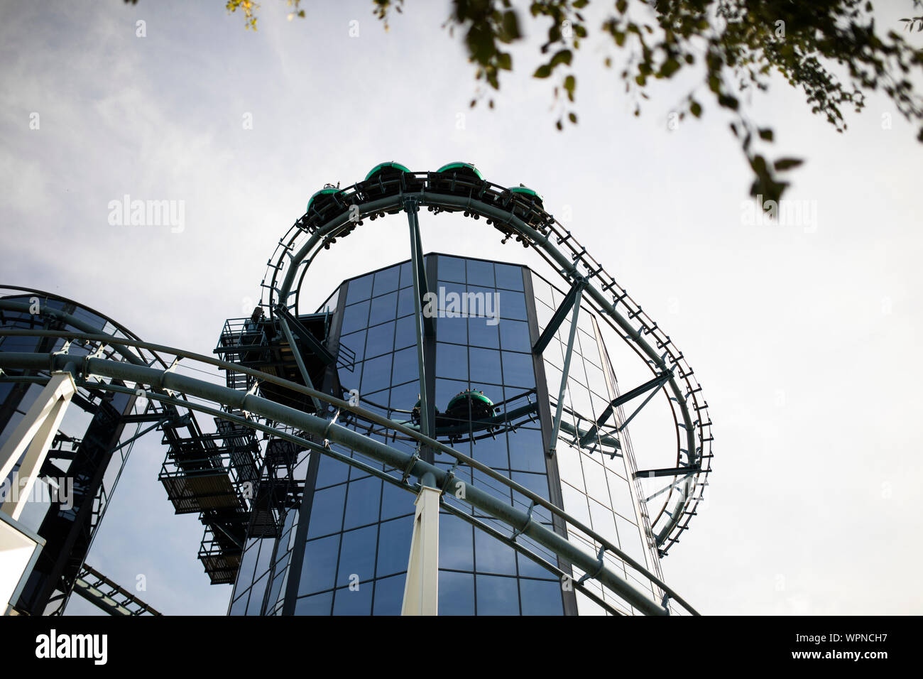 Looking up at the Euro-Mir roller coaster at Europa-Park in Rust ...