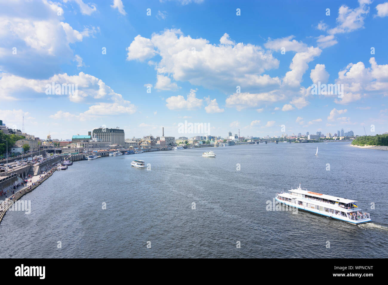 Kiev, Kyiv: river Dnipro (Dnieper) at Parkovy (Pedestrian) Bridge, view ...