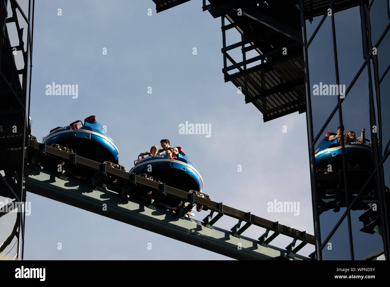 Riders on the Euro-Mir roller coaster at Europa-Park in Rust, Germany ...