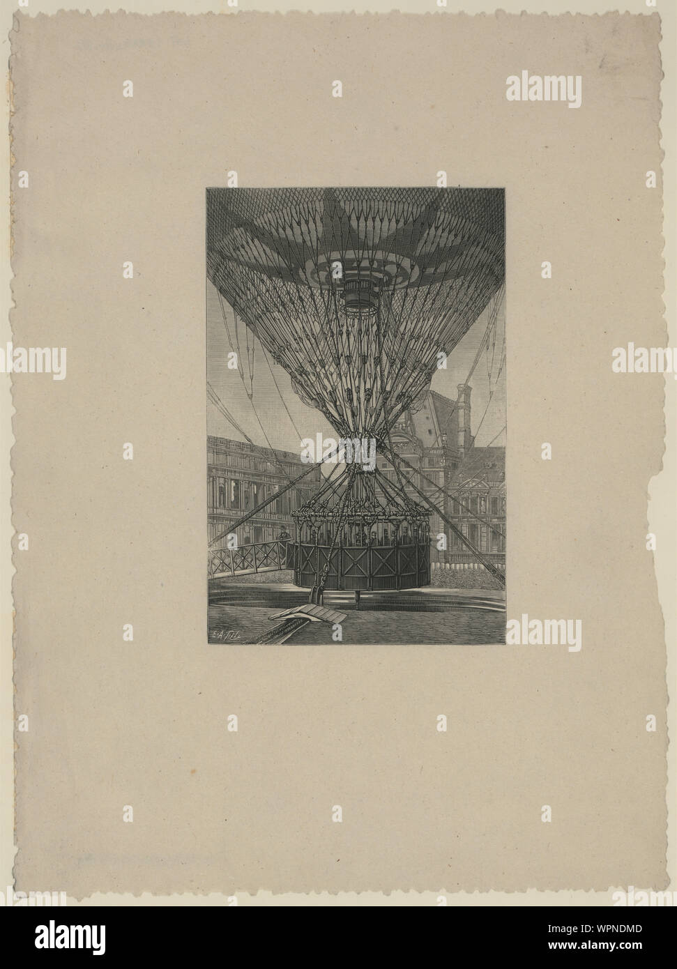 Lower part of a large captive balloon moored to a launching platform ...