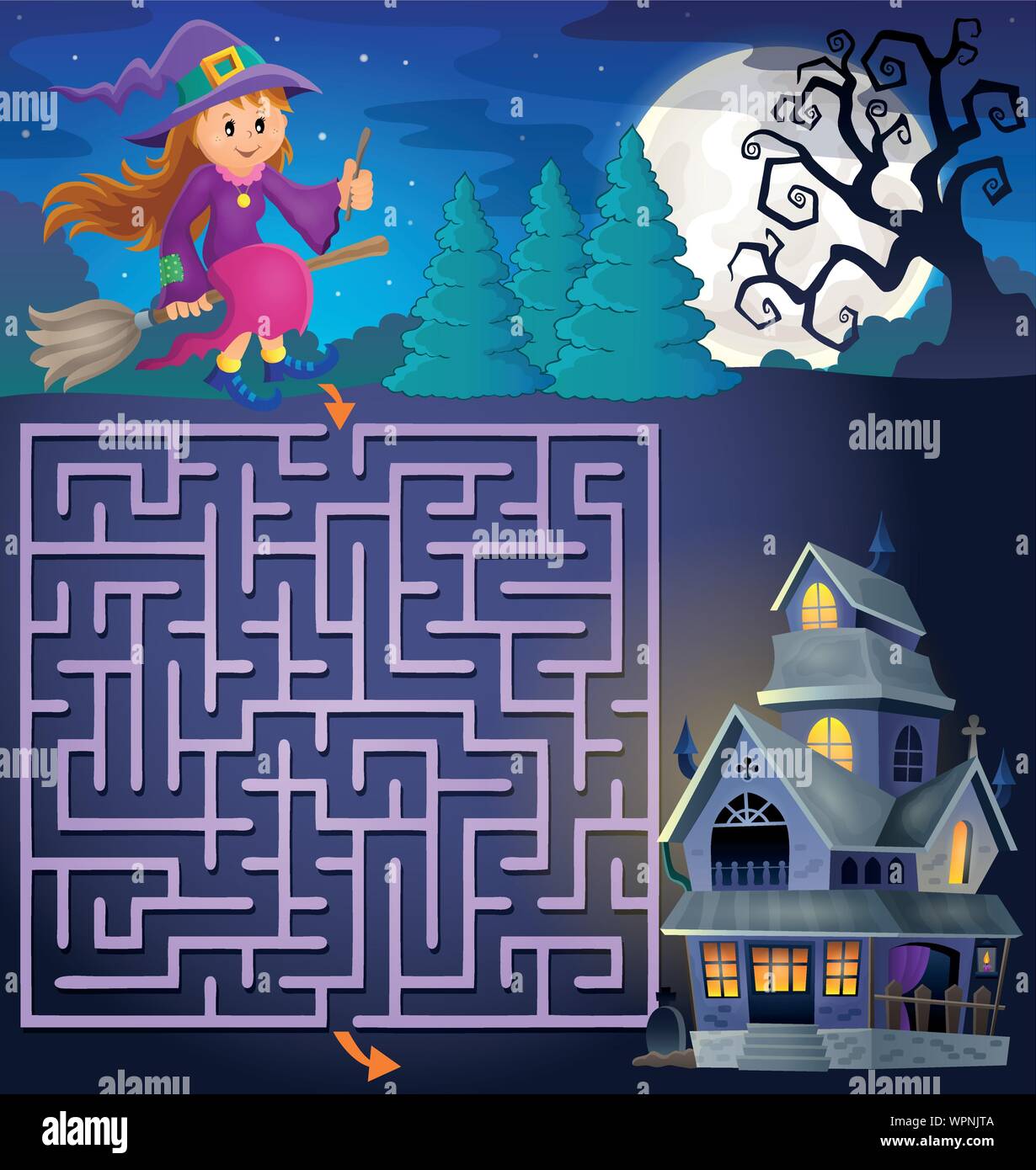 Maze 3 with cute witch and haunted house Stock Vector Image & Art - Alamy