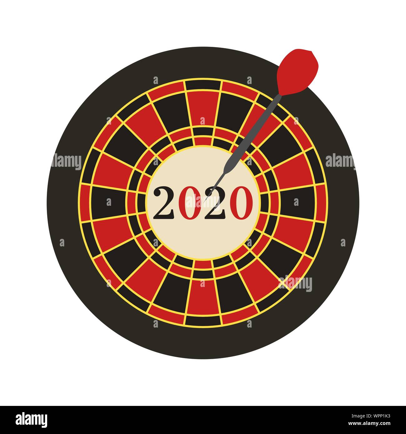 Vector illustration. 2020 target in the middle, dart hit the target ...