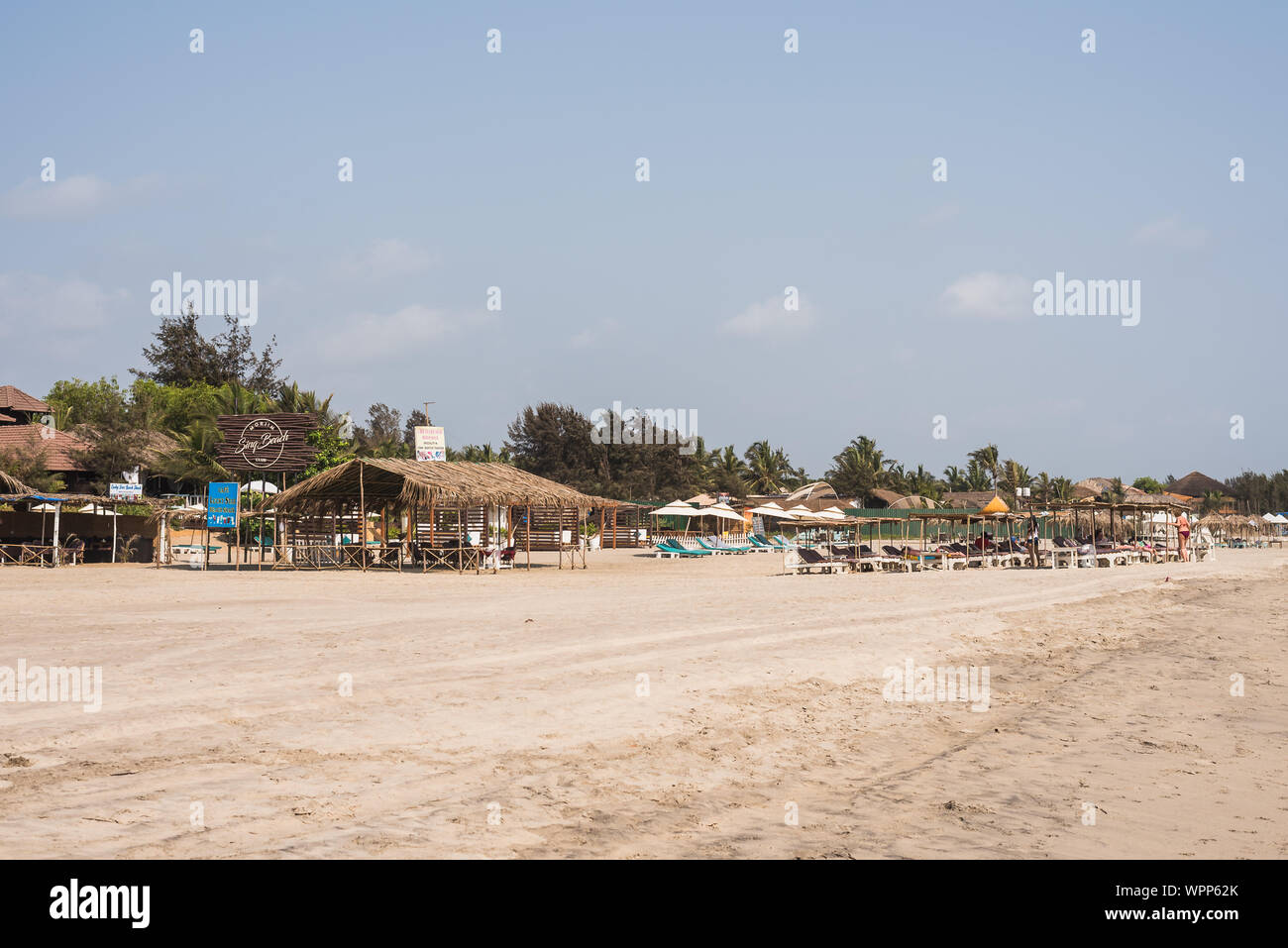 Ashvem Beach, Goa/India- May 1 2018: Local beach shacks and relaxation ...