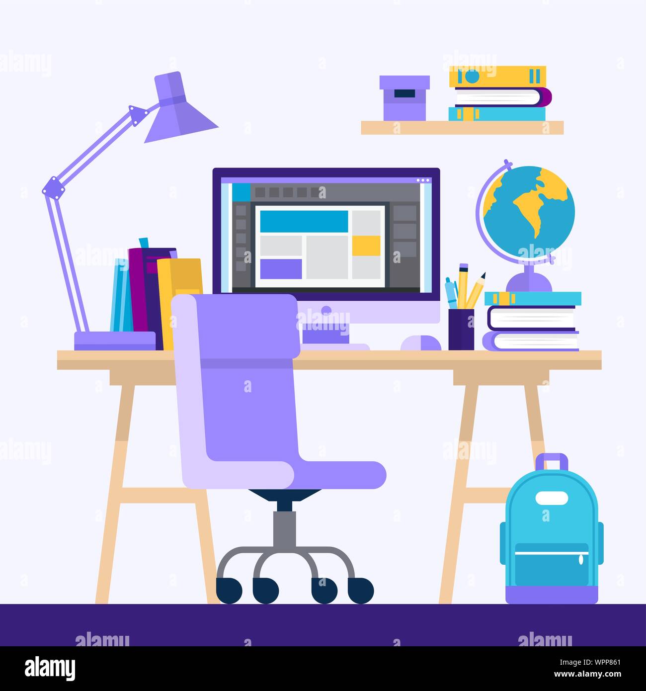 Desk with computer and books. Concept illustration for online learning ...