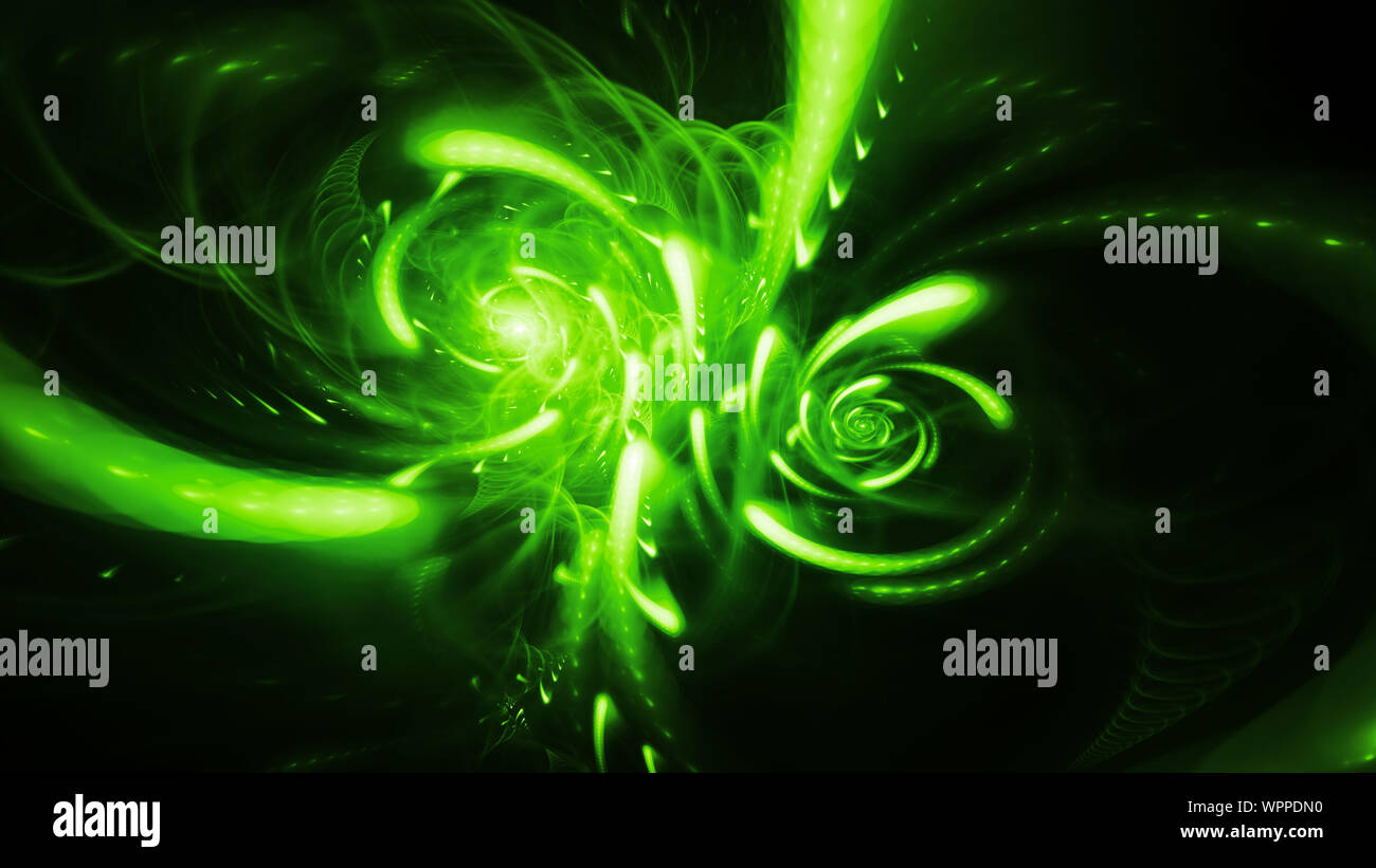 Green glowing double spiral spinning energy in space, computer generated abstract background, 3D ...