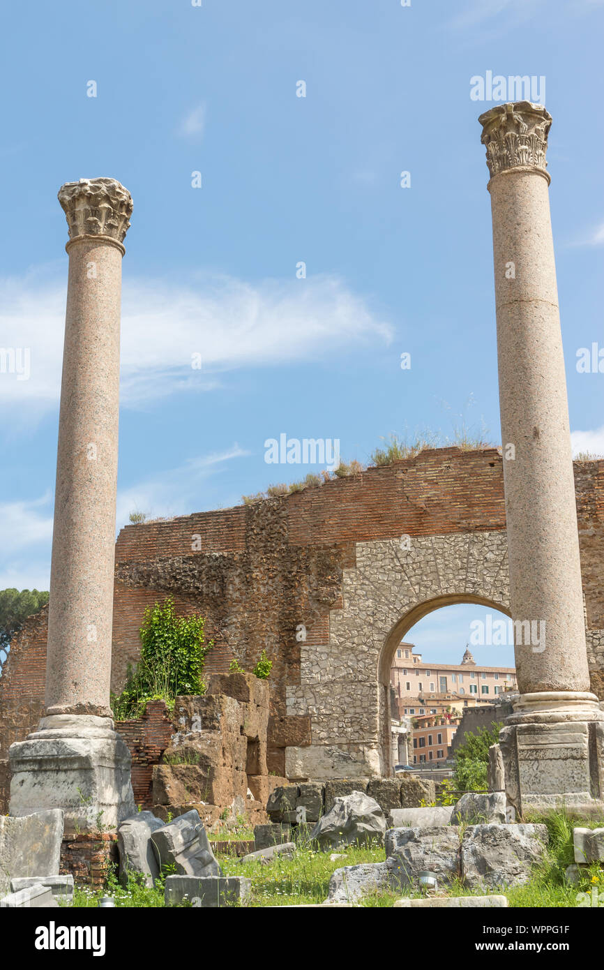 Ruins of ancient Basilica Emilia in Forum Romanum. Rome. Italy. Blue ...