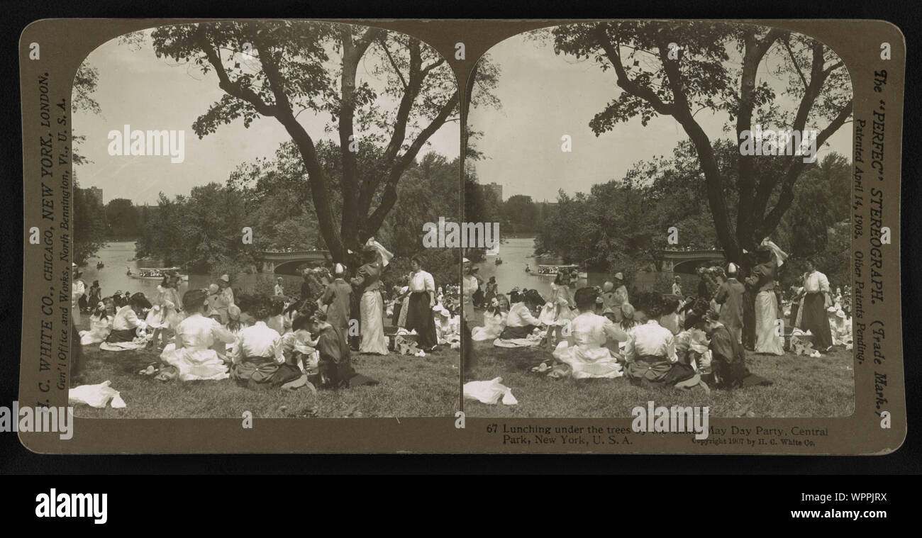 Lunching under the trees by the lake, May Day party, Central Park, New ...