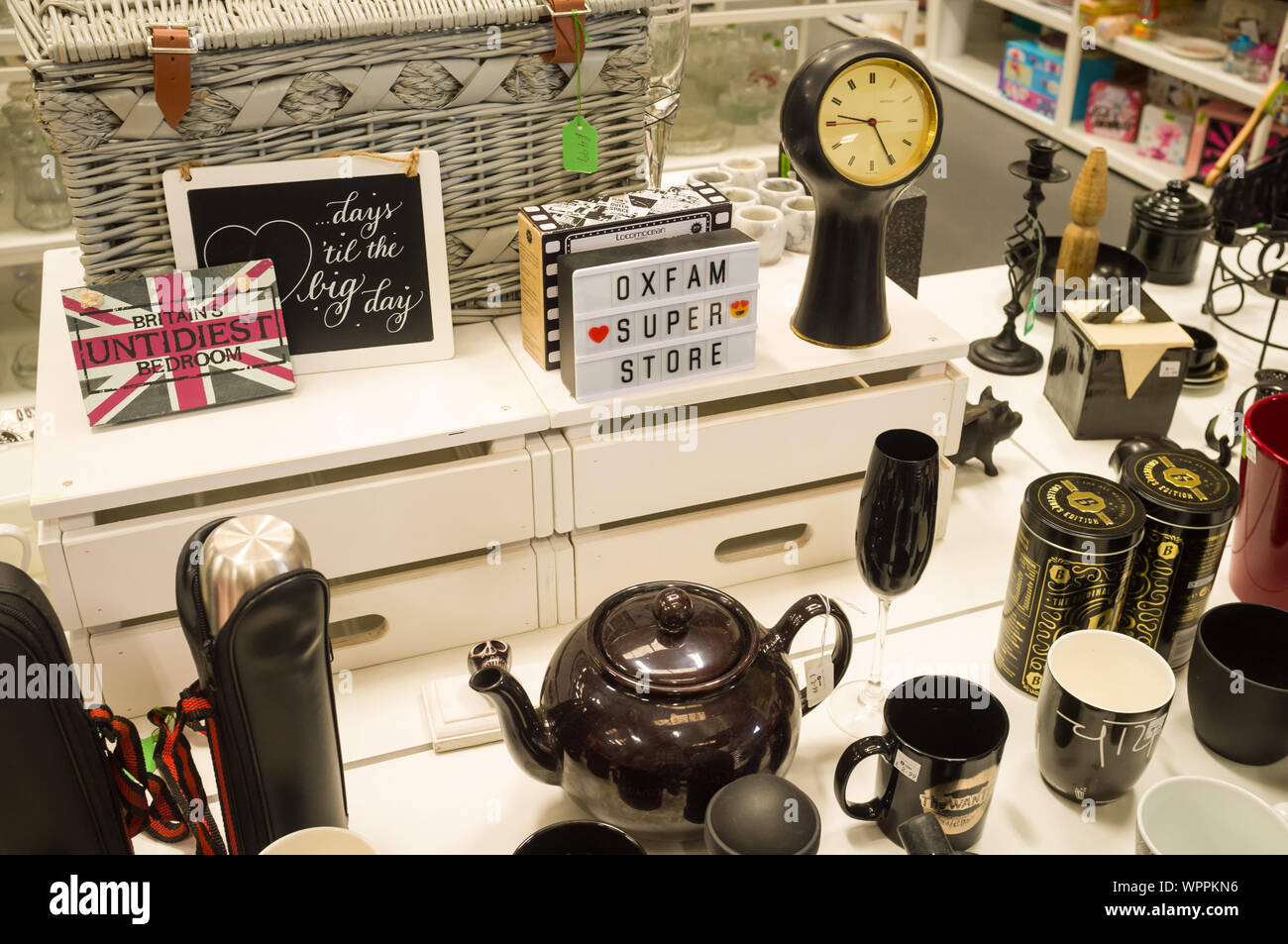 Assorted bric-a-brac in the newly opened first Oxfam Superstore in Cowley, Oxford Stock Photo ...