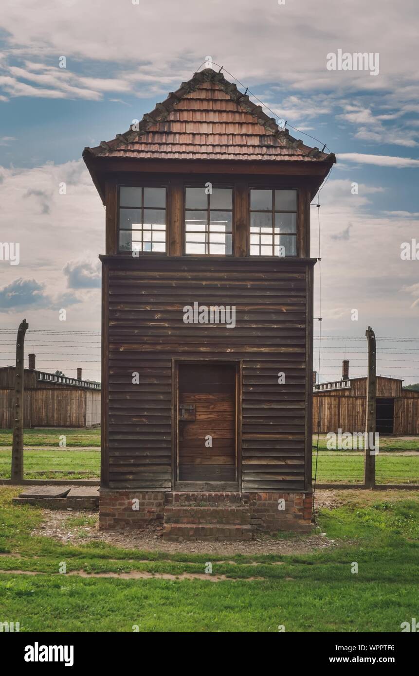 OSWIECIM, POLAND - AUGUST 17, 2019: Watchtower in the concentration ...
