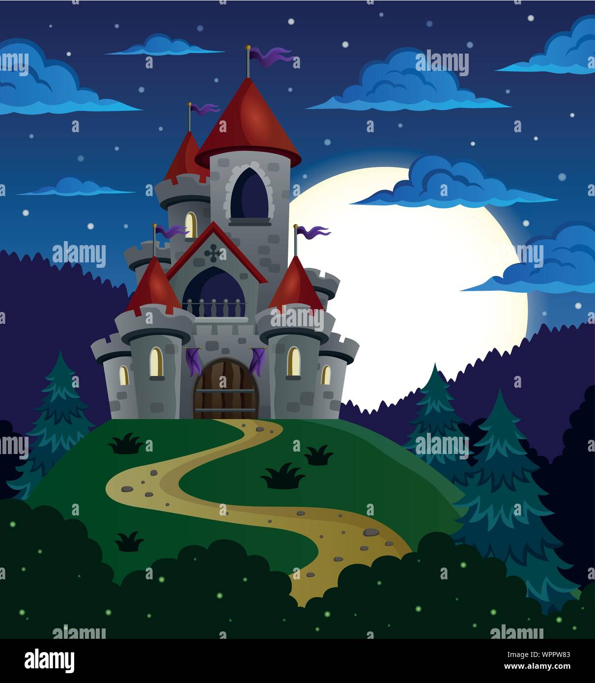 Night scene with fairy tale castle Stock Vector Image & Art - Alamy