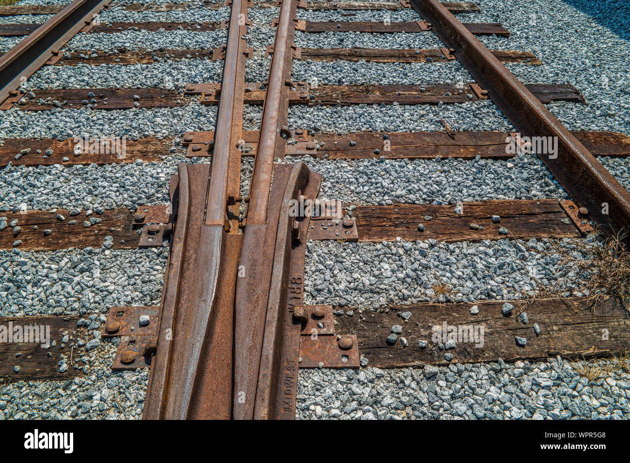 A section of rusty old exempt railroad tracks where it starts to split ...