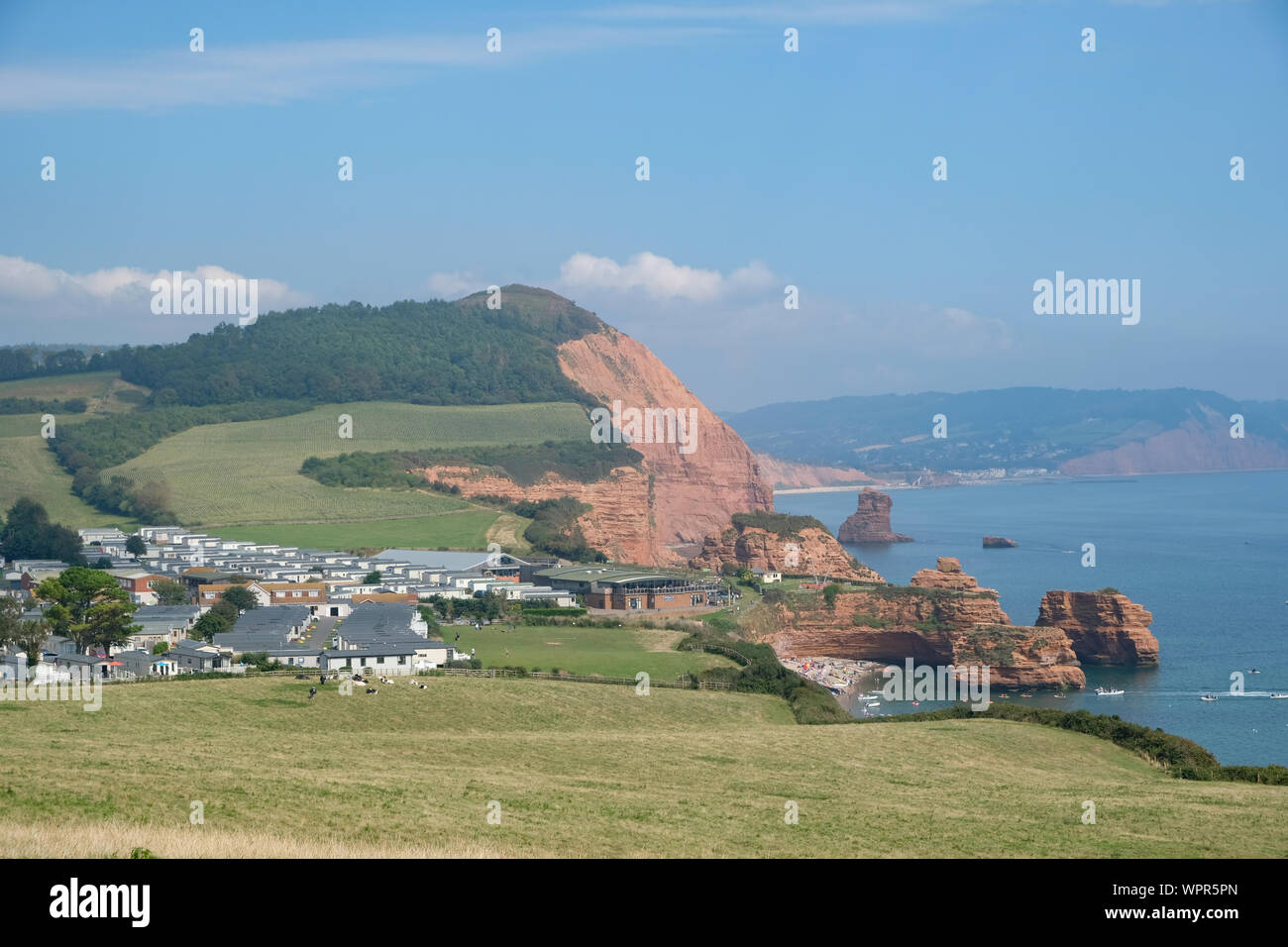August 2019. View of sea stacks on Ladram Bay with the Jurassic Coast ...