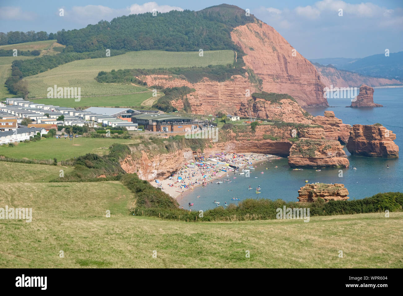 August 2019. View of sea stacks on Ladram Bay with the Jurassic Coast ...