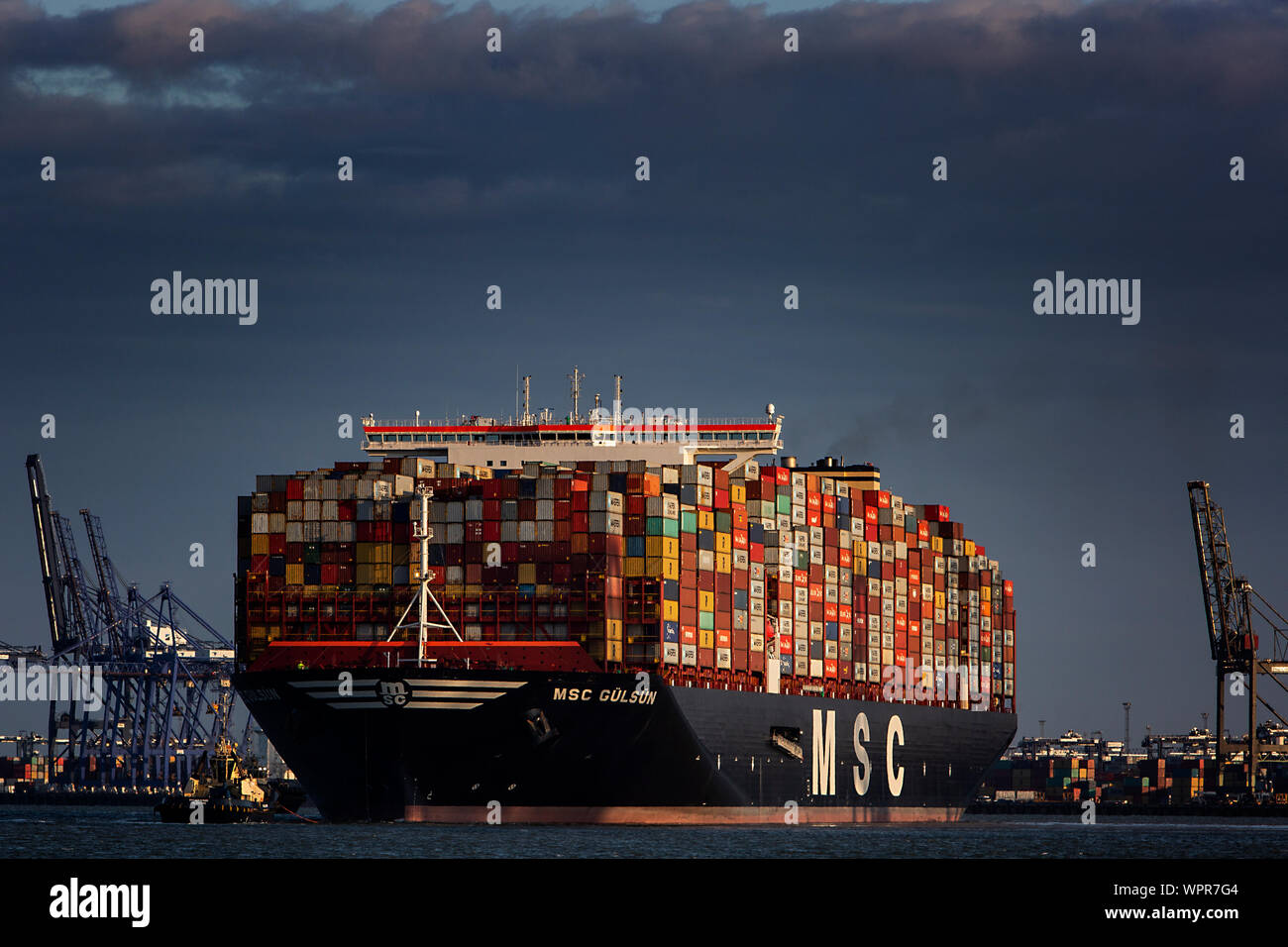 The container ship MSC Gülsün departs the port of Felixstowe, Suffolk ...