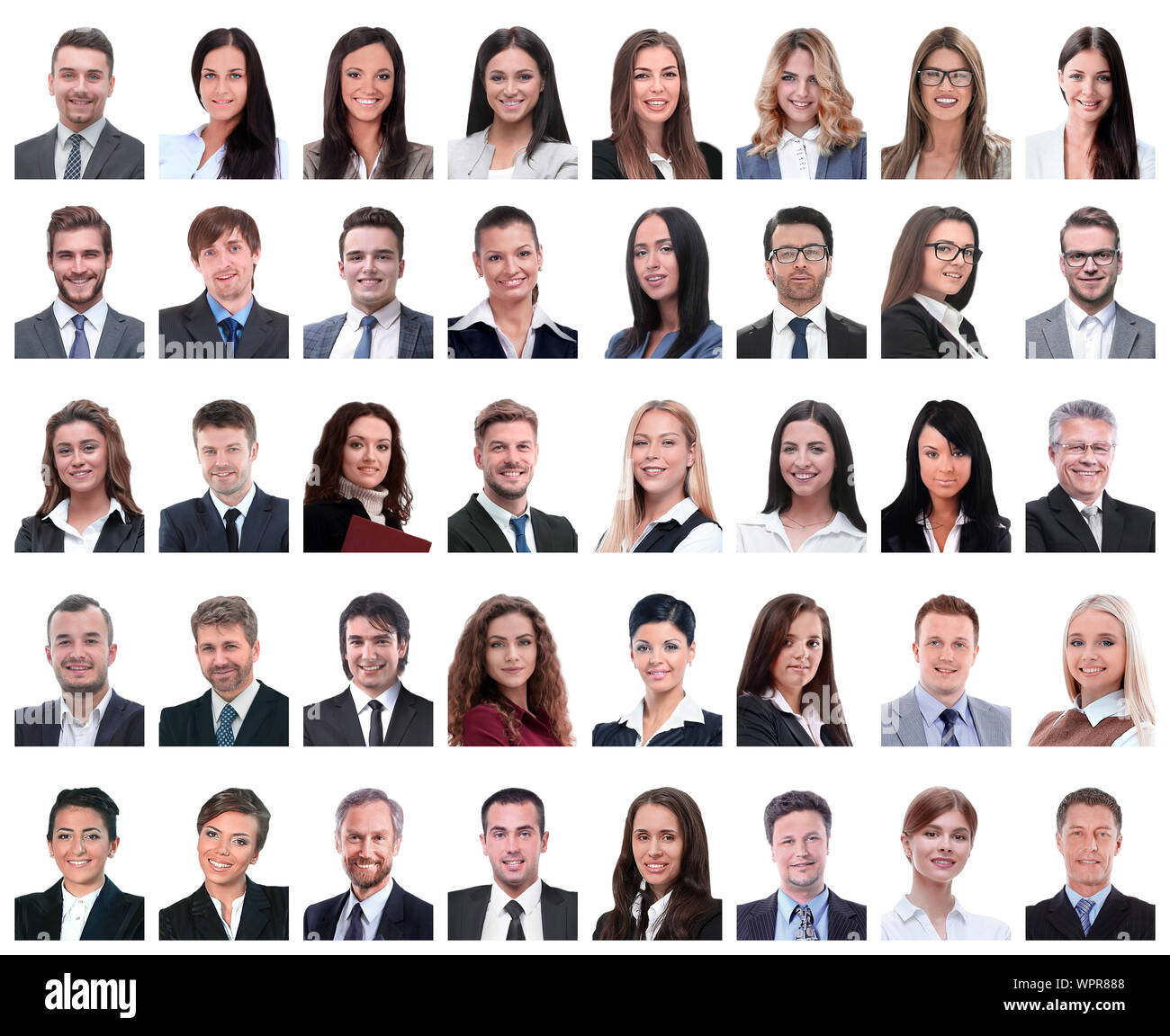 collage of portraits of successful employees isolated on white ...