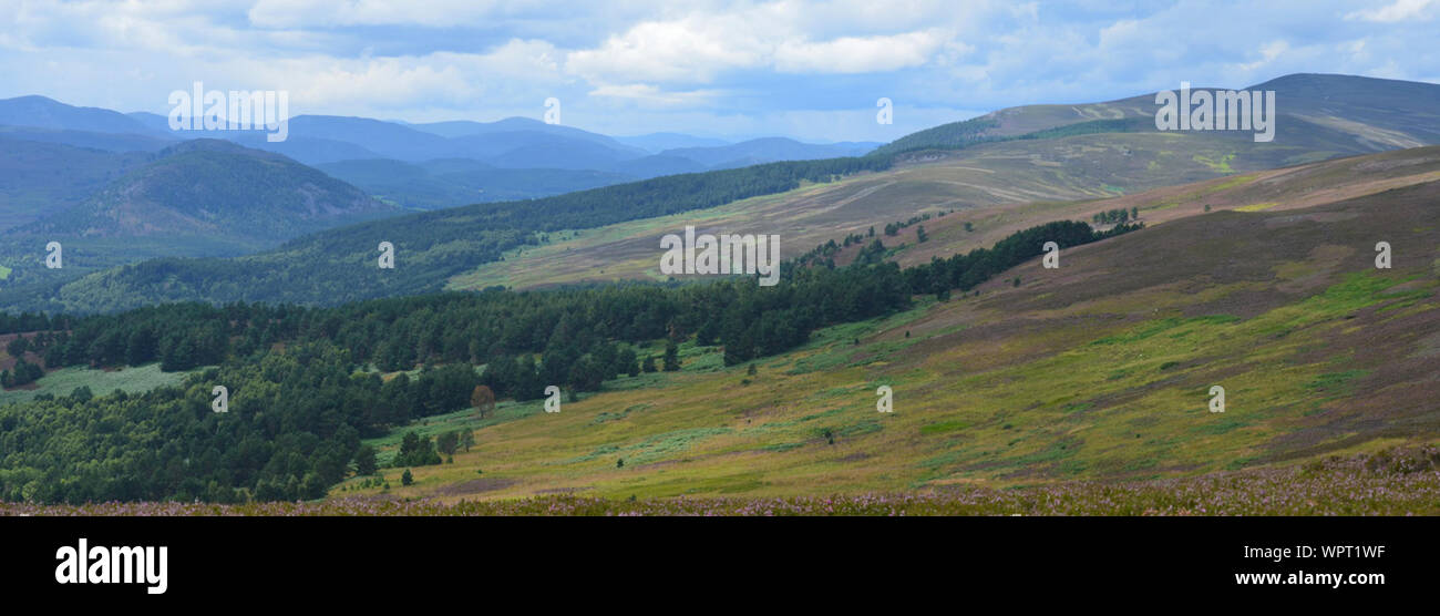 Panoramic view over the River Dee valley near Ballater, Cairngorms ...