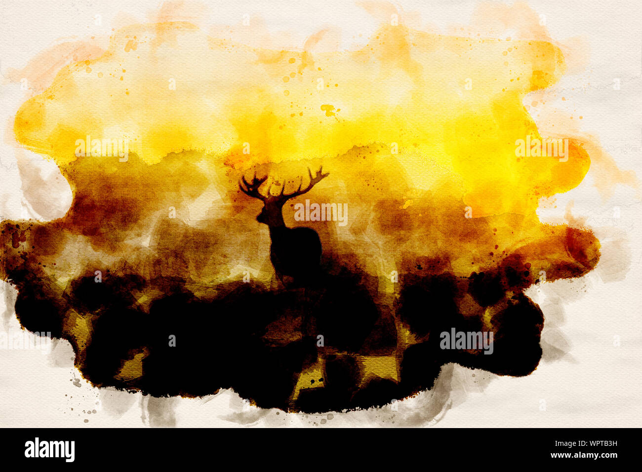 Digital watercolor painting of stag deer in dramatic colorful forest ...