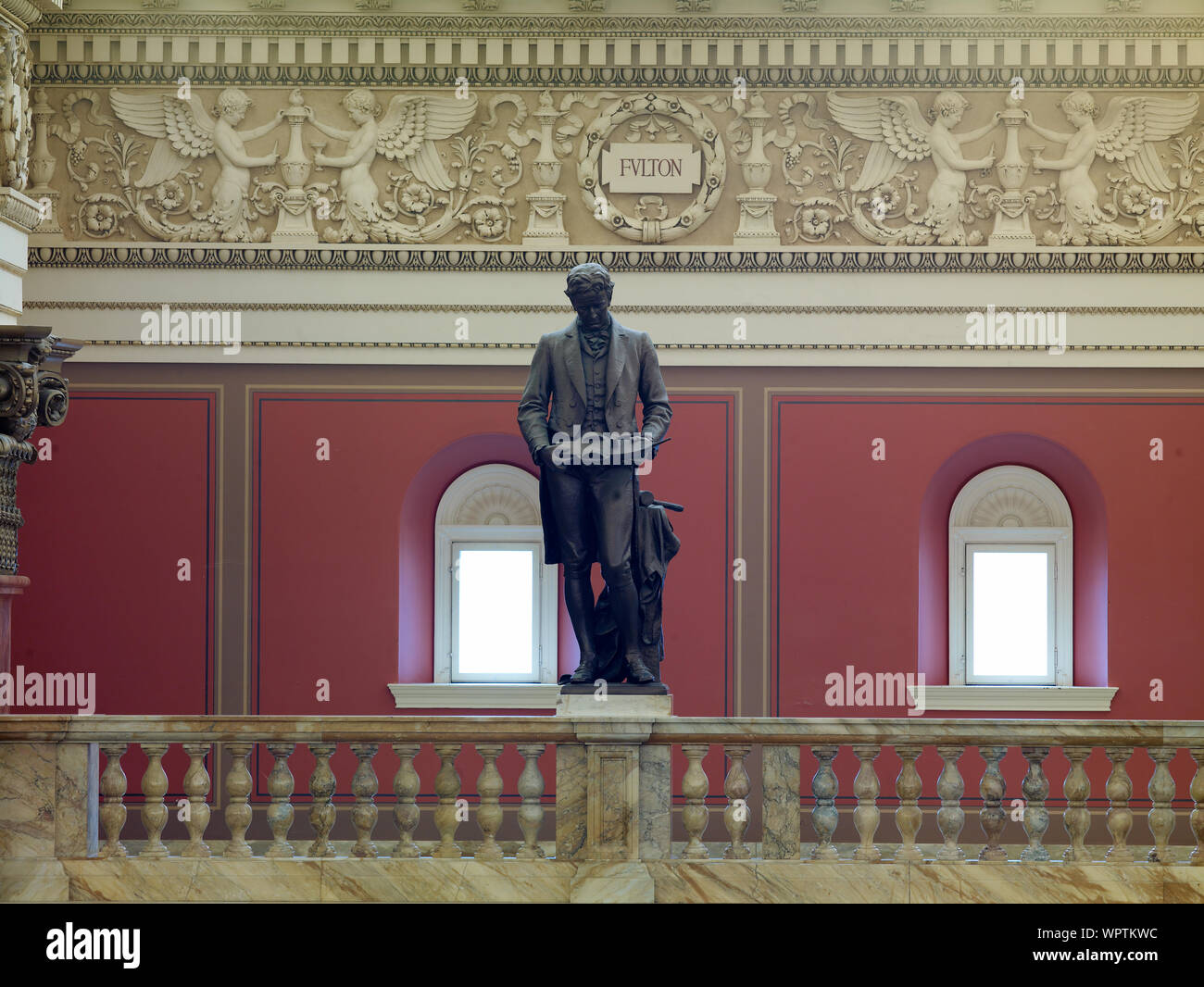 Main Reading Room. Portrait statue of Fulton along the balustrade ...