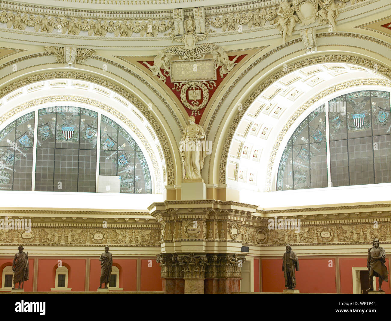 Main Reading Room. View of statue representing Philosophy, by Bela Lyon ...