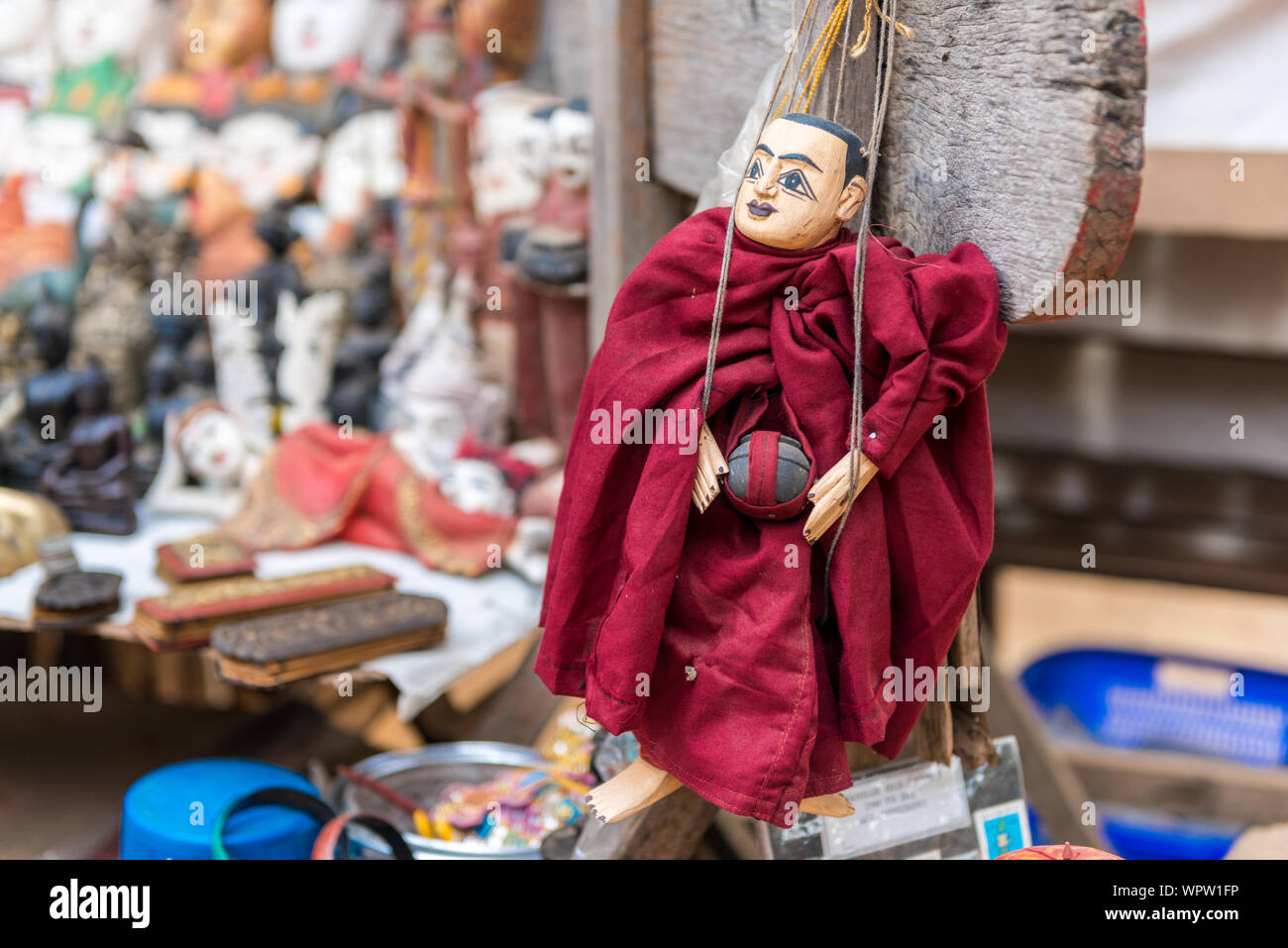 Horizontal picture of buddhist monk puppet made with wood in Bagan ...