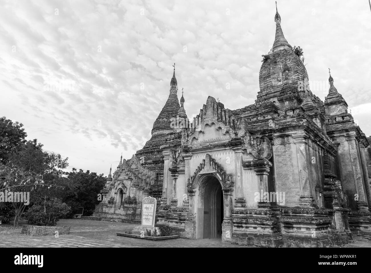 BAGAN, MYANMAR - 06 DECEMBER, 2018: Black and white picture of ruins of ...