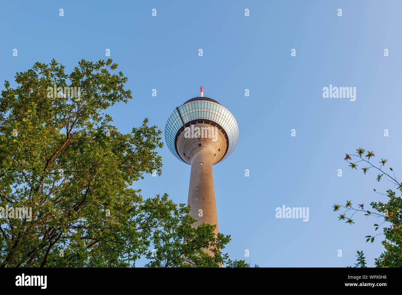 Rheinturm, high-rise radio or television tower with circular ...