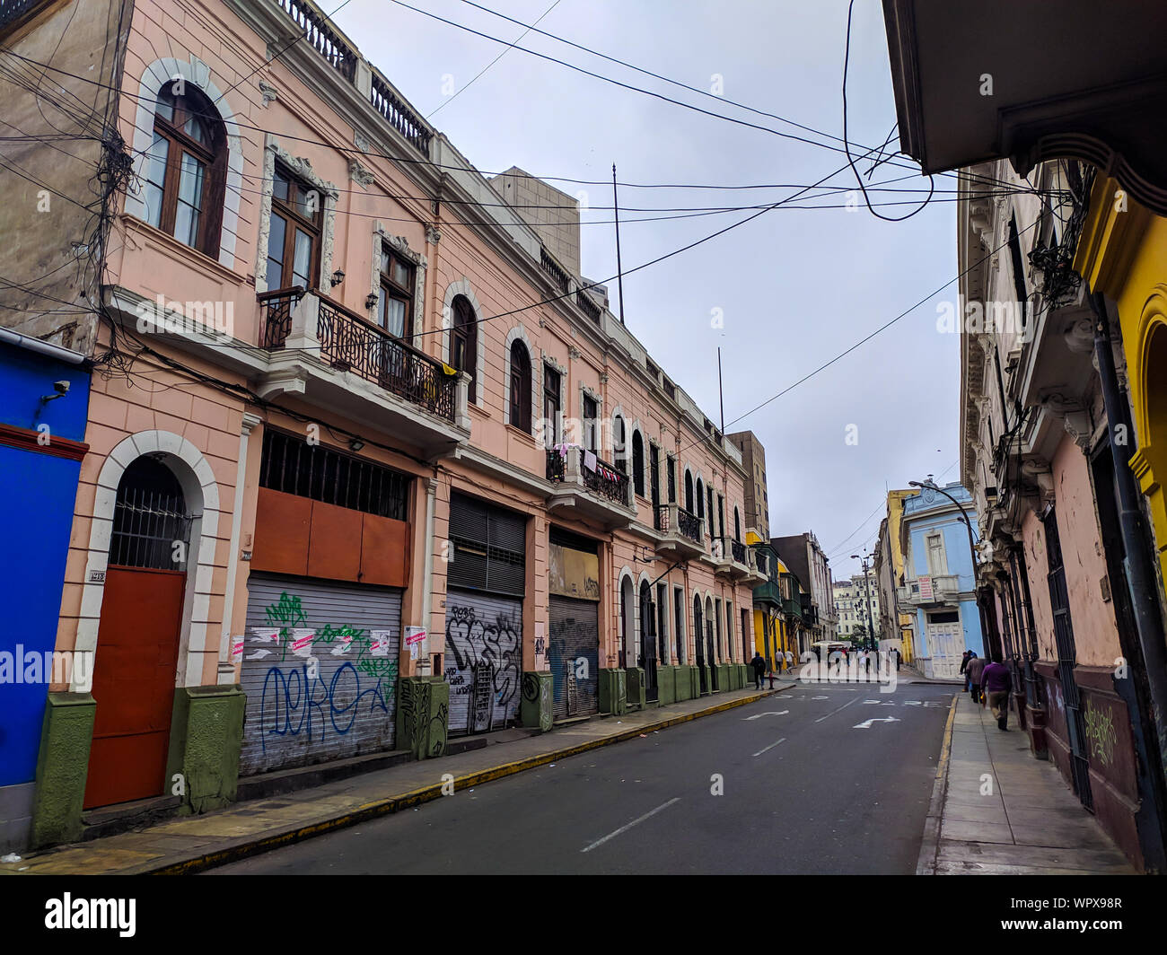 Old colonial buildings at the old center of the Peruvian capital Lima ...