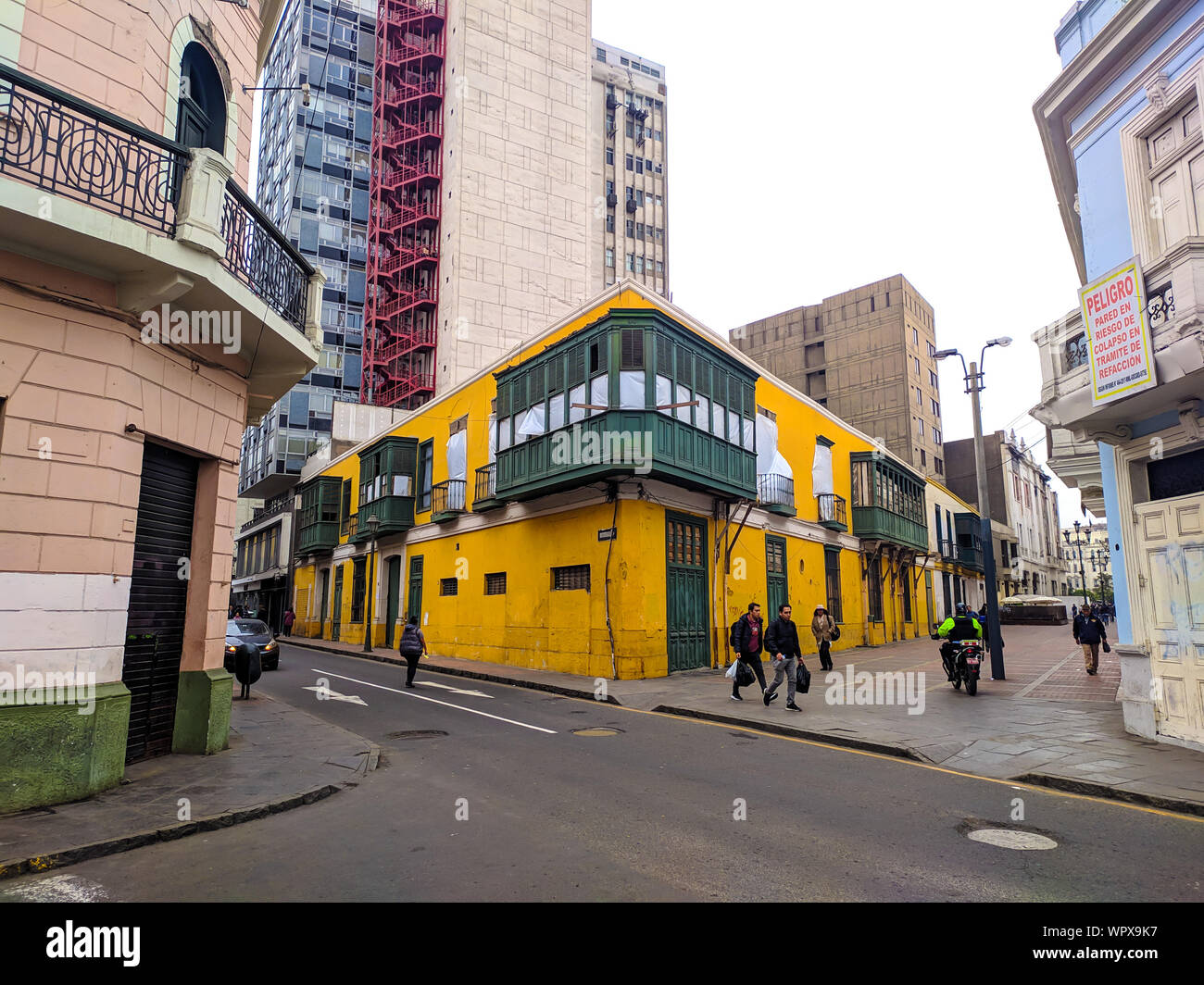 Old colonial buildings at the old center of the Peruvian capital Lima ...