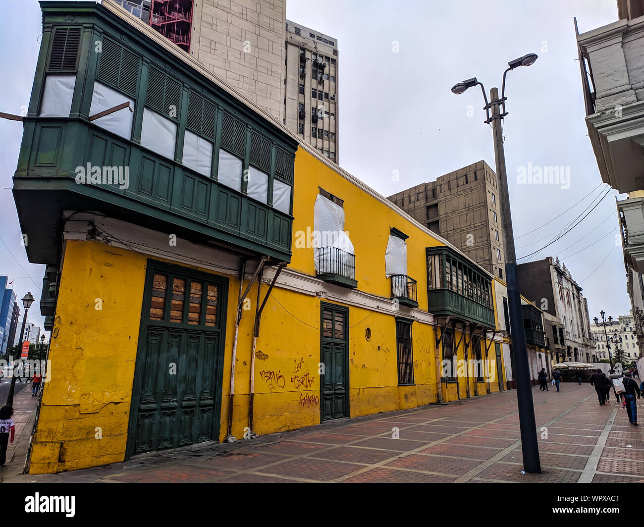 Old colonial buildings at the old center of the Peruvian capital Lima ...