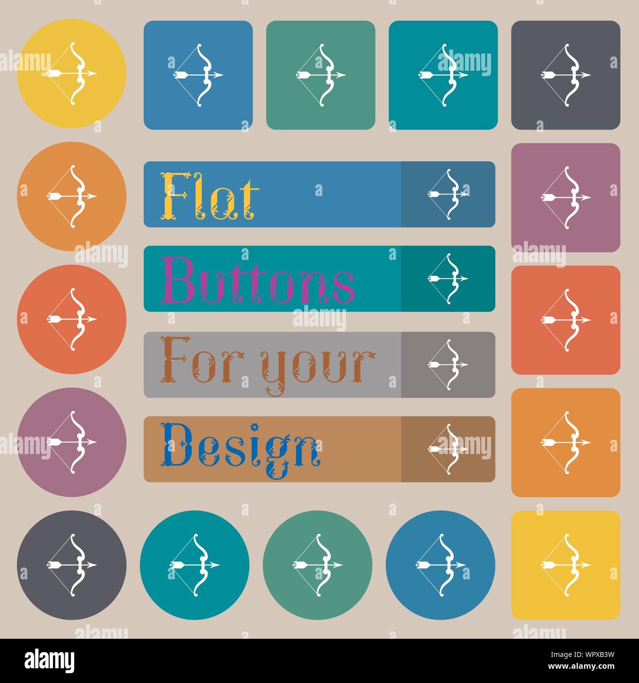 bow and arrow icon sign. Set of twenty colored flat, round, square and ...