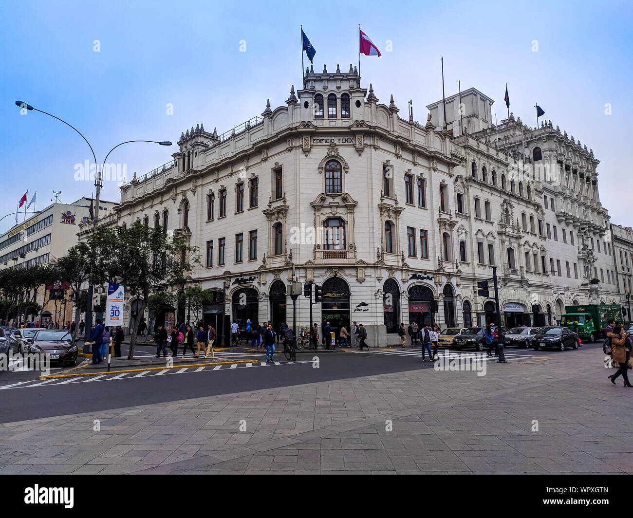 Old colonial buildings at the old center of the Peruvian capital Lima ...