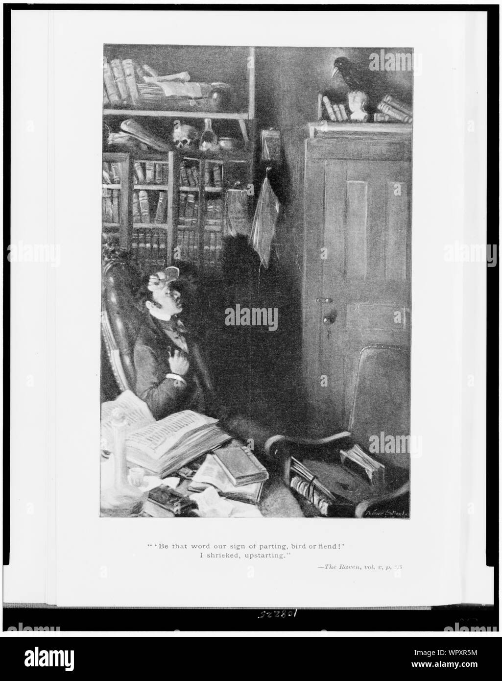 Man seated in his library, looking at raven above door; and quotation ...