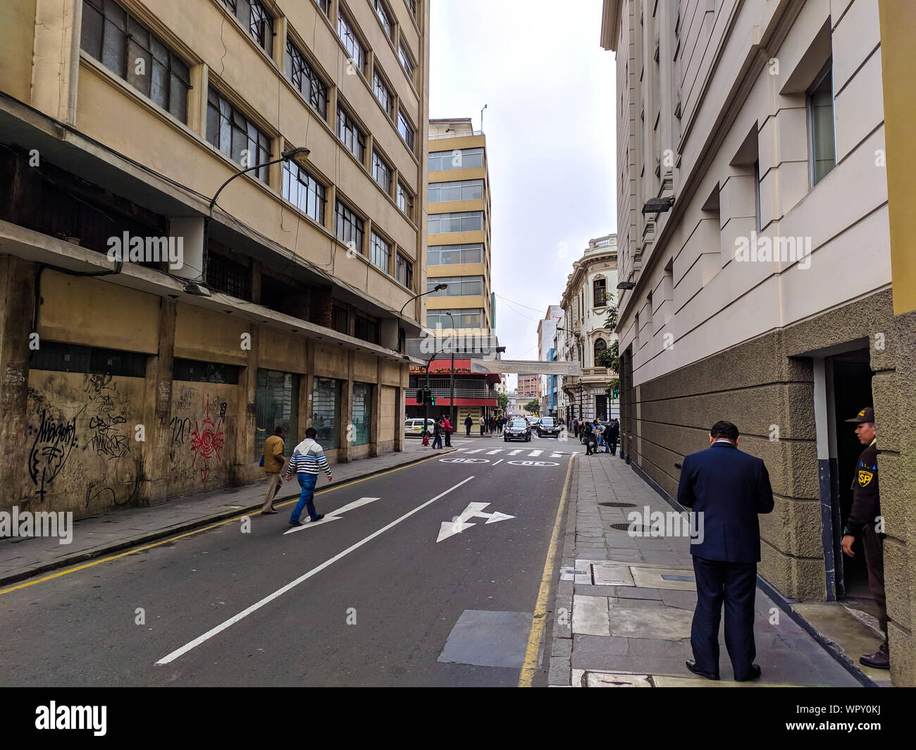 Old colonial buildings at the old center of the Peruvian capital Lima ...
