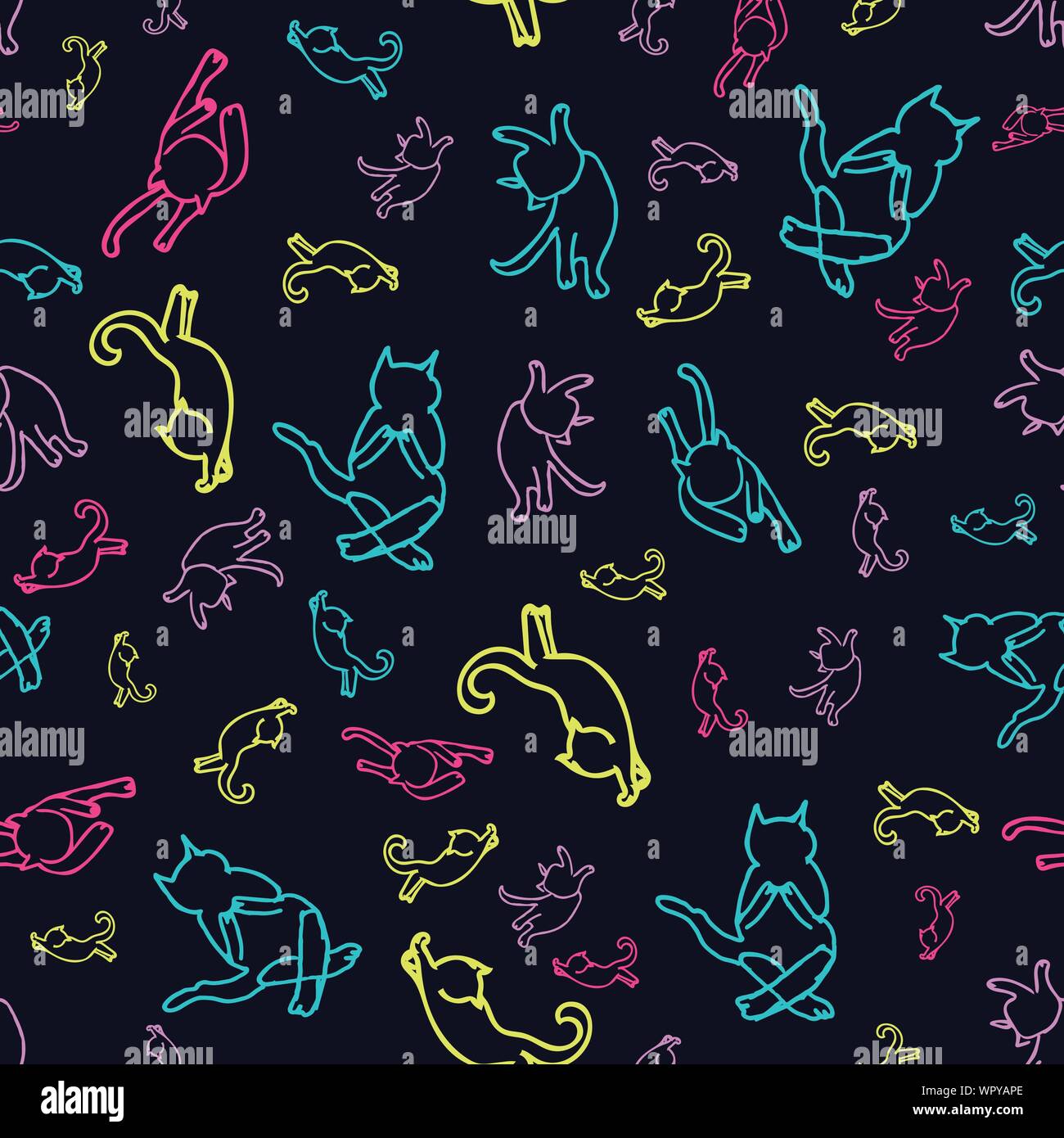 Cute hand drawn multicolored cat silhouettes on a navy blue background ...