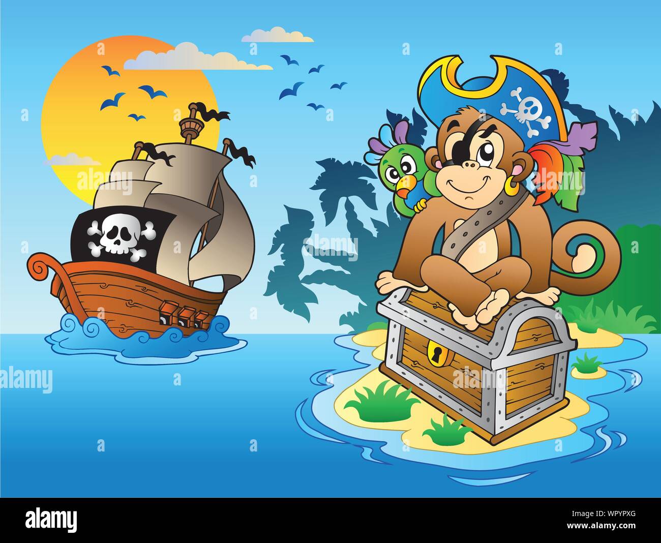 Pirate monkey and chest on island Stock Vector Image & Art - Alamy