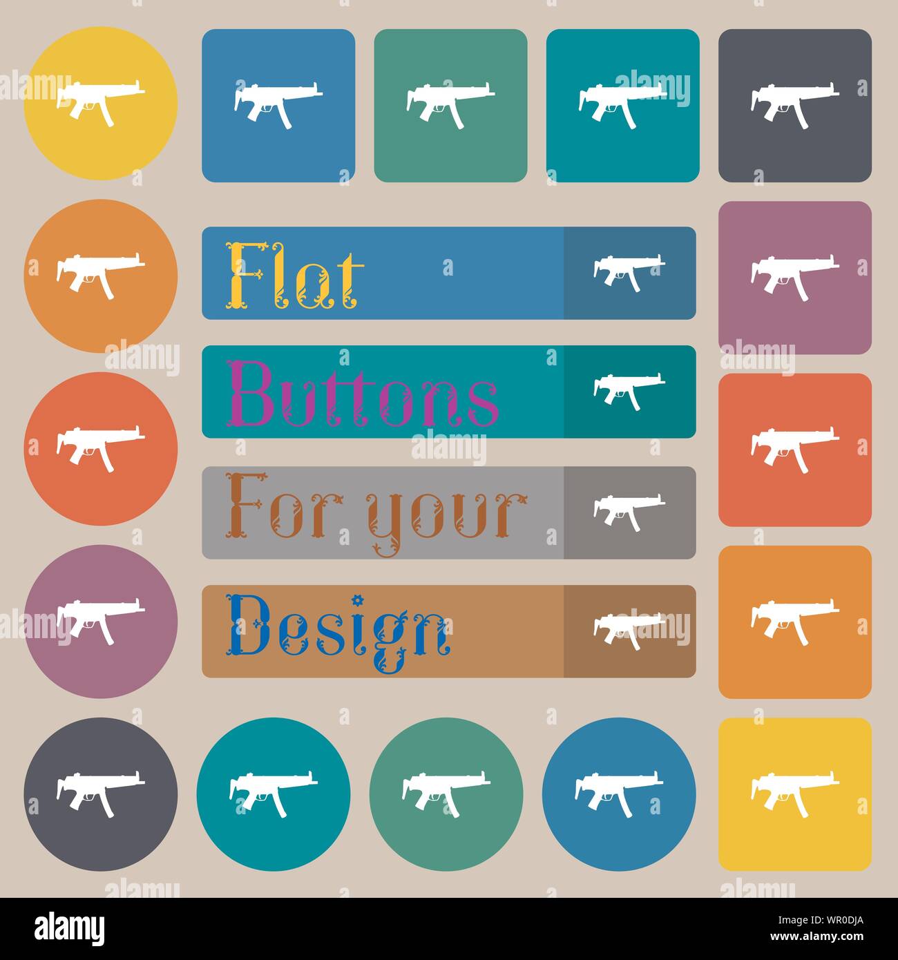 machine gun icon sign. Set of twenty colored flat, round, square and ...