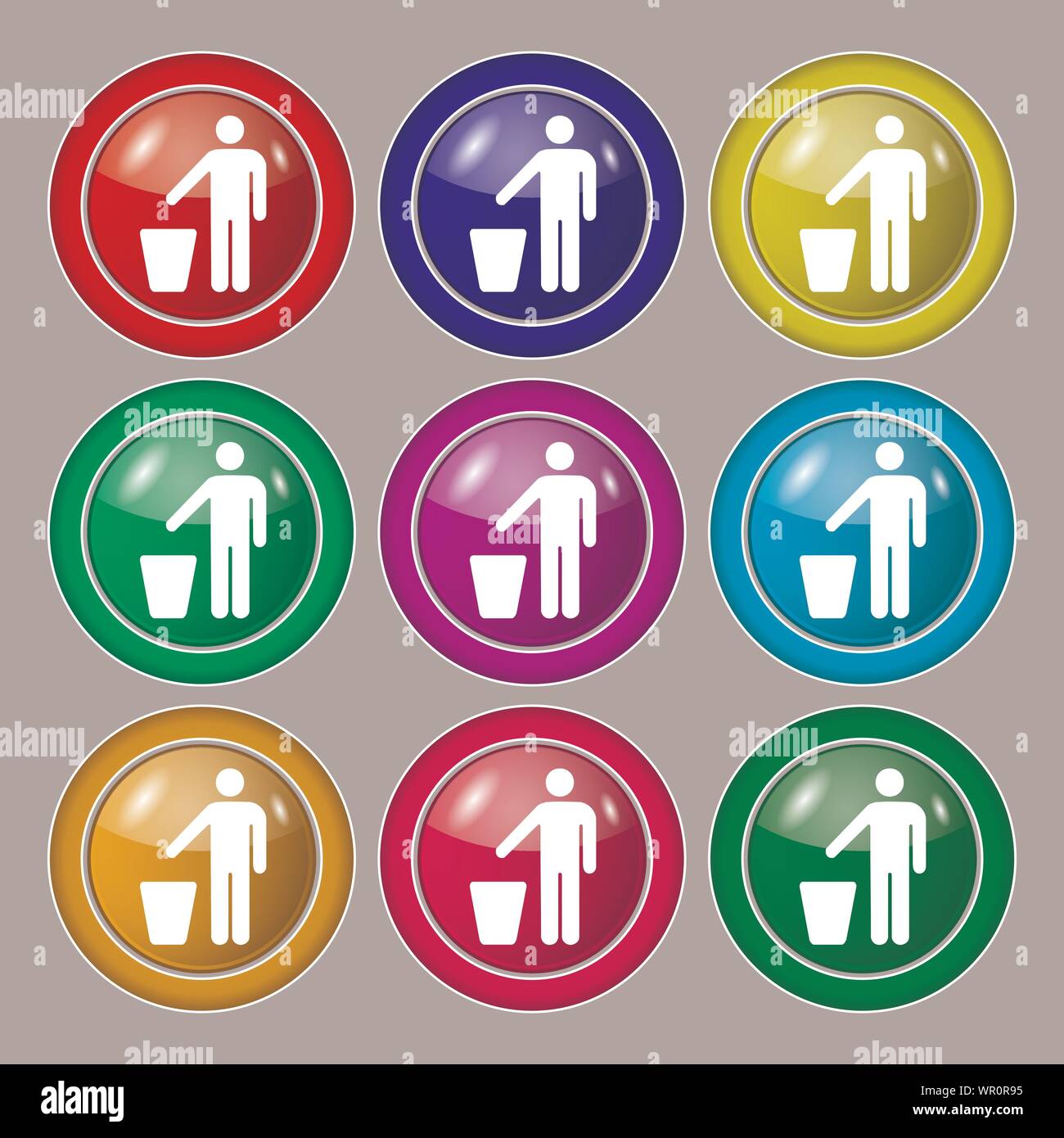throw away the trash icon sign. symbol on nine round colourful buttons ...
