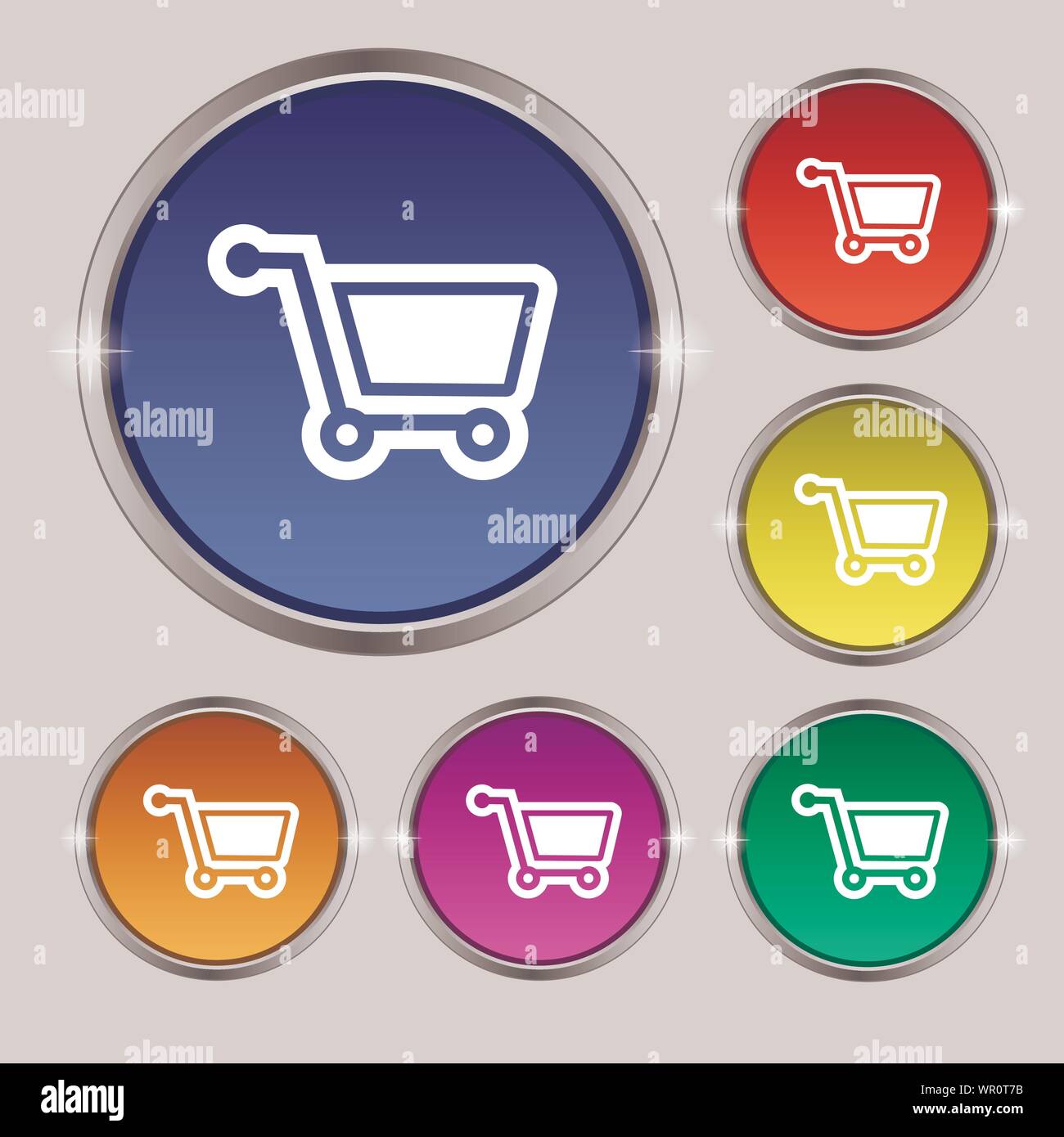 shopping cart icon sign. Round symbol on bright colourful buttons ...