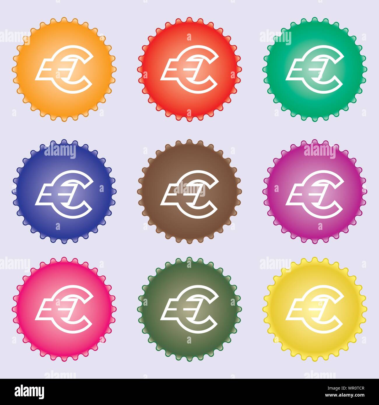 Euro EUR icon sign. A set of nine different colored labels. Vector ...